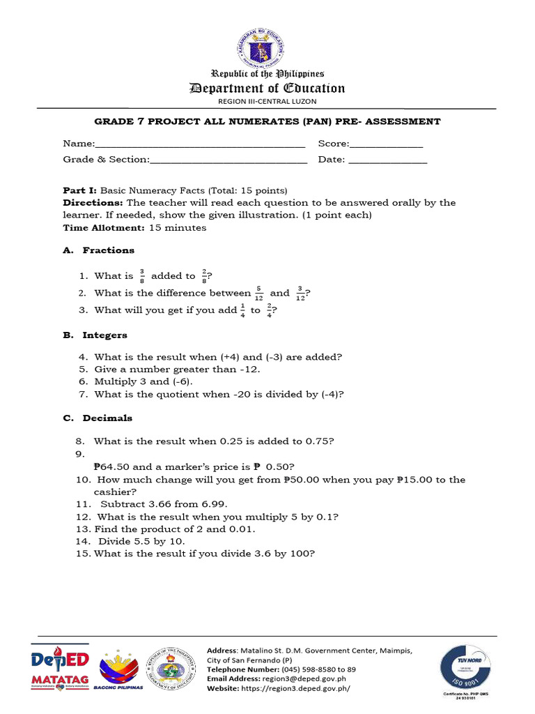 Grade 7 Pan Pre Assessment | PDF