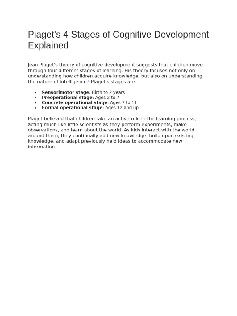 Piaget's 4 Stages of Cognitive Development | PDF