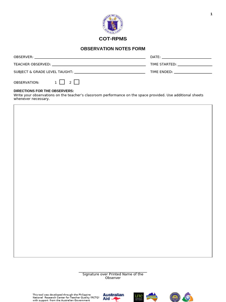 Appendix 3E COT RPMS Observation Notes Form | PDF Appendix 3E COT RPMS Observation Notes Form | PDF