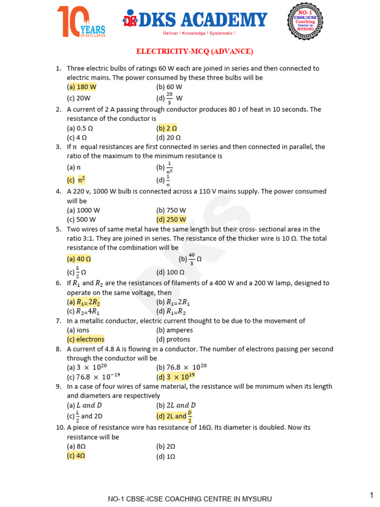 Electricity MCQ-Advance | PDF