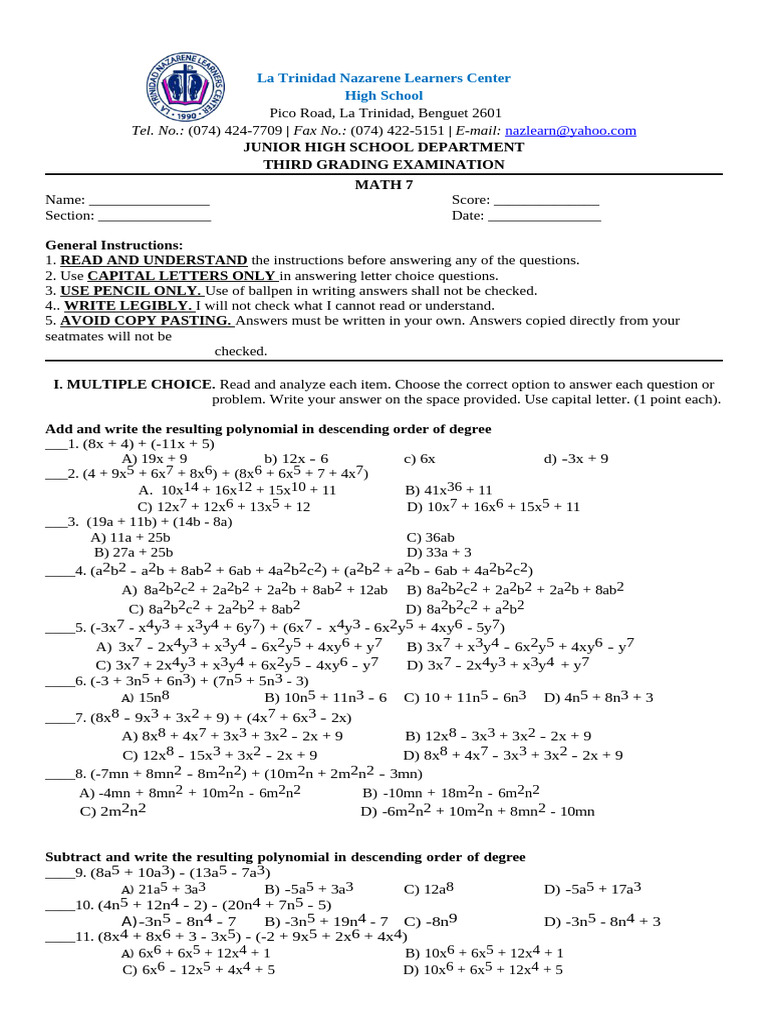 G7 (MATH) - 4th-Quarter-Examinination-1 | PDF