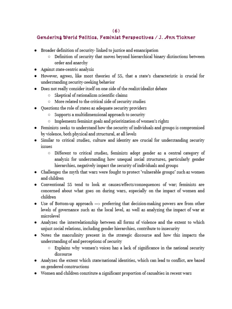 TICKNER, Ann - Gender and Feminist Perspectives in World Politics | PDF ...