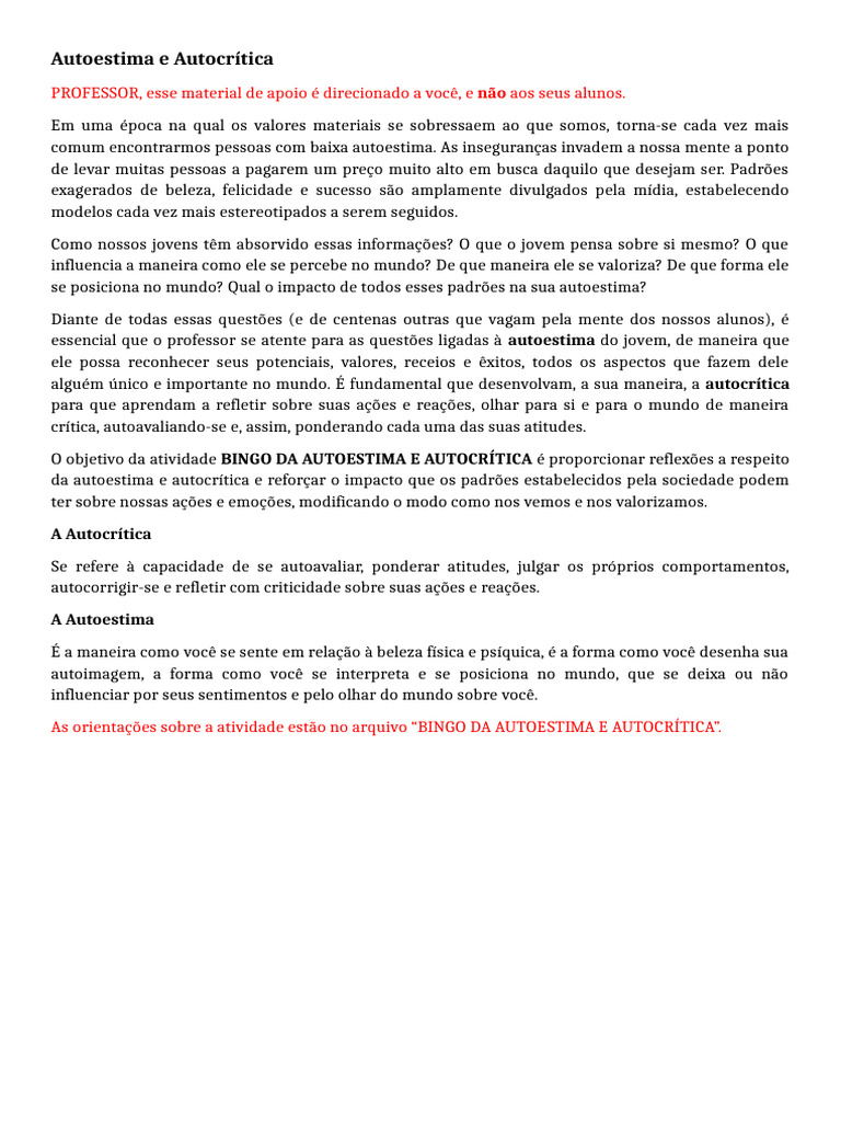 Bingo Da Autoestima e Autocritica Material de Apoio | PDF