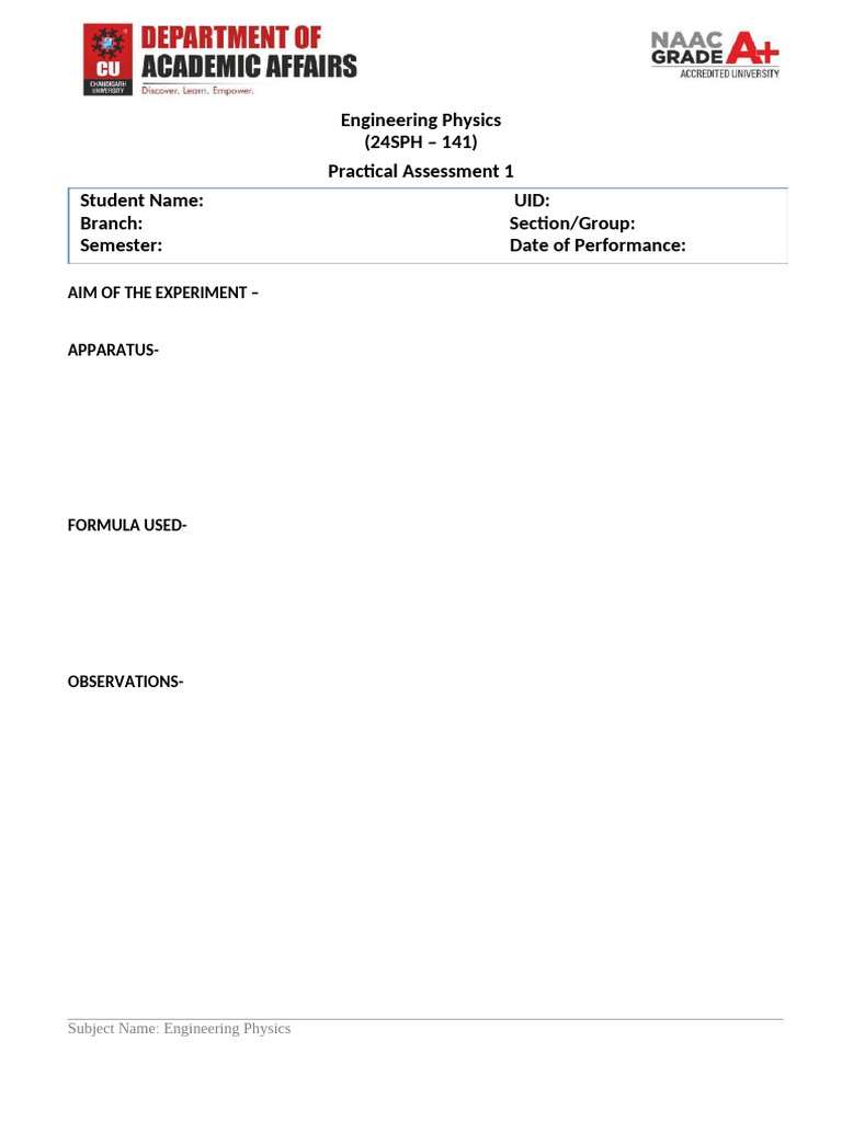 Practical Assessment 1 Worksheet Engineering Physics | PDF