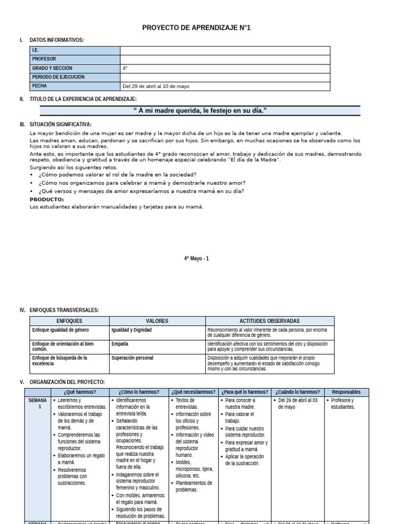 4° Grado - Proyecto de Aprendizaje N°01 | PDF