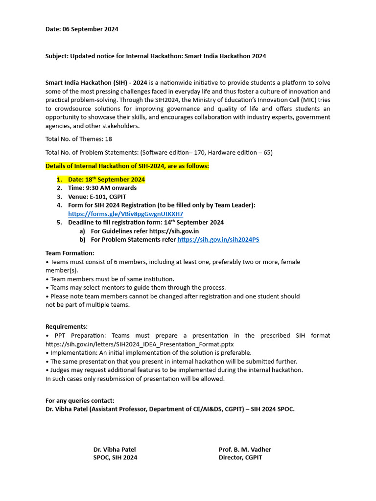 Updated Notification of CGPIT Internal Hackathon For SIH 2024 | PDF