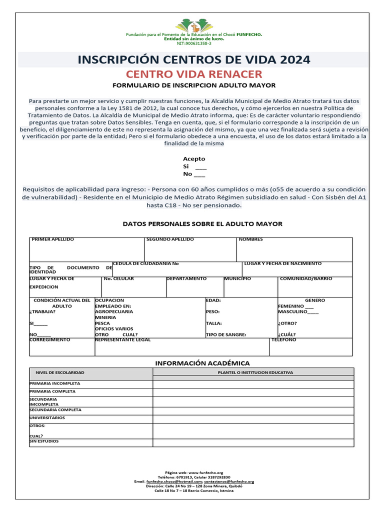 Formulario de Inscripcion Ad. Ma. Centro Vida | PDF