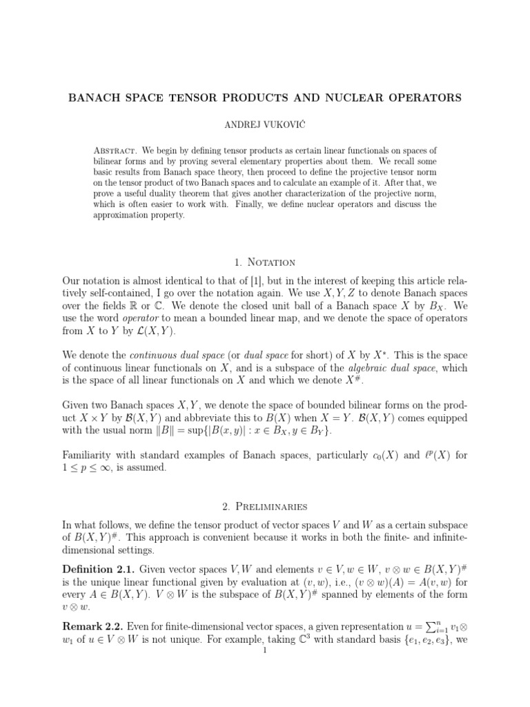 Banach Space Tensor Products and Nuclear Operators | PDF