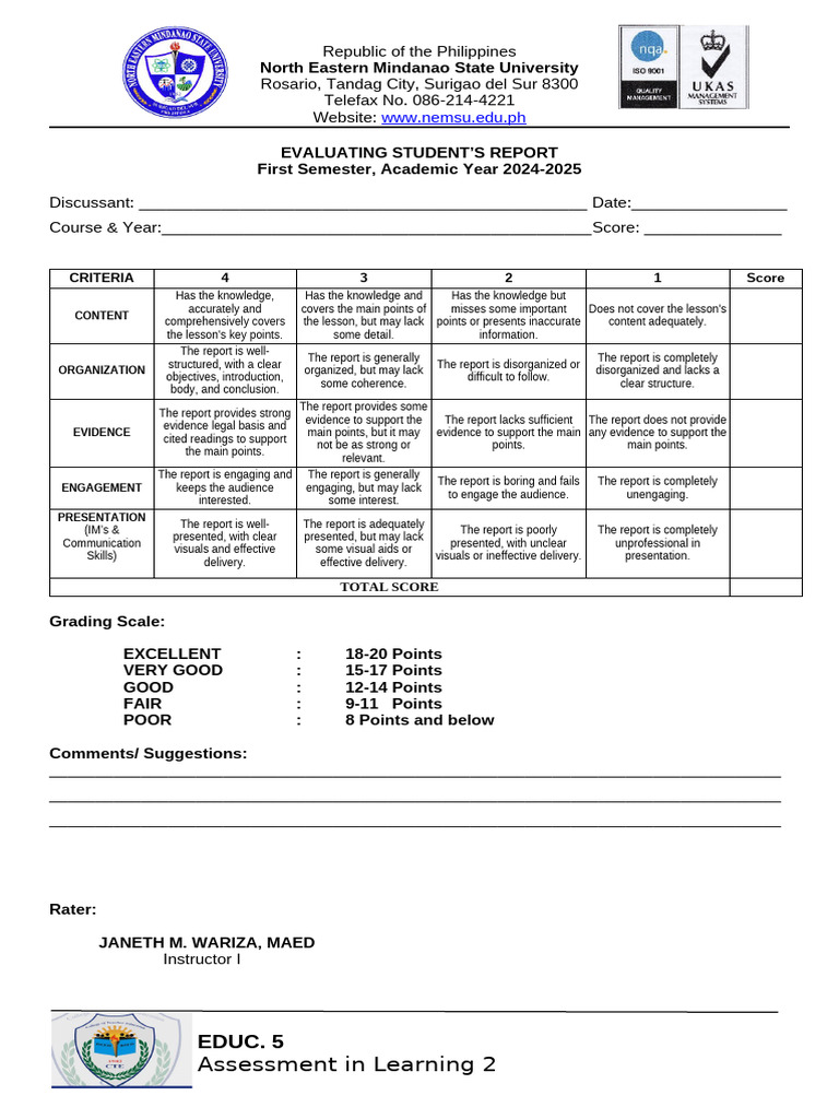REPORTING-RUBRIC-EDUC-5 | PDF