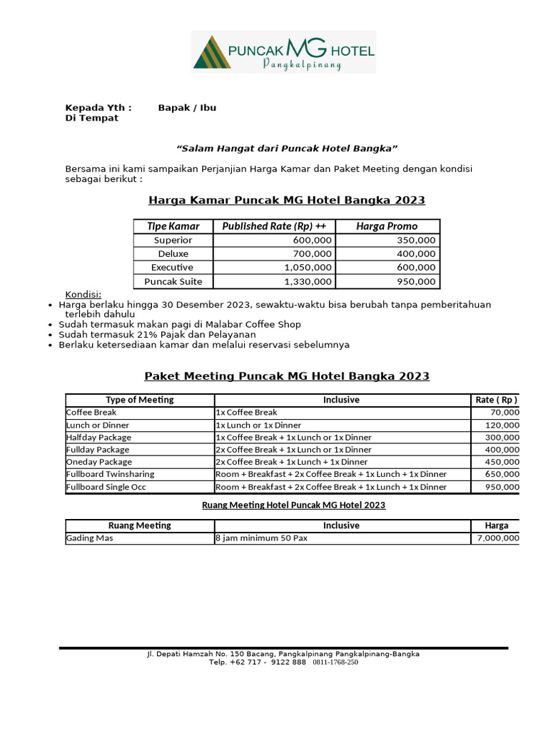 QUOTATION PUNCAK MG HOTEL 2023 | PDF