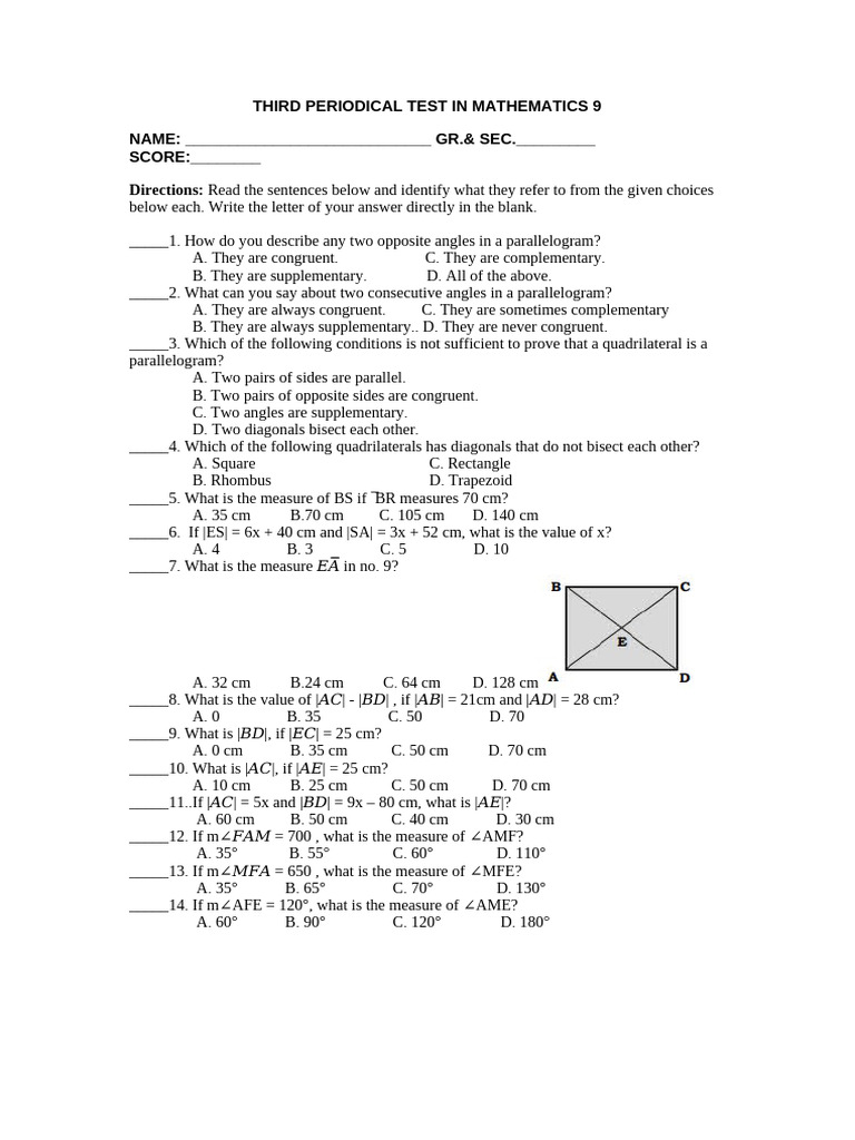 Third Periodical Test in Mathematics 9 | PDF