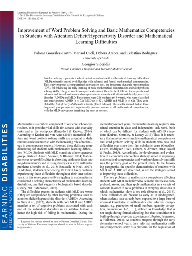 Improvement of Word Problem Solving and Basic Mathematics Competencies in Students With ...
