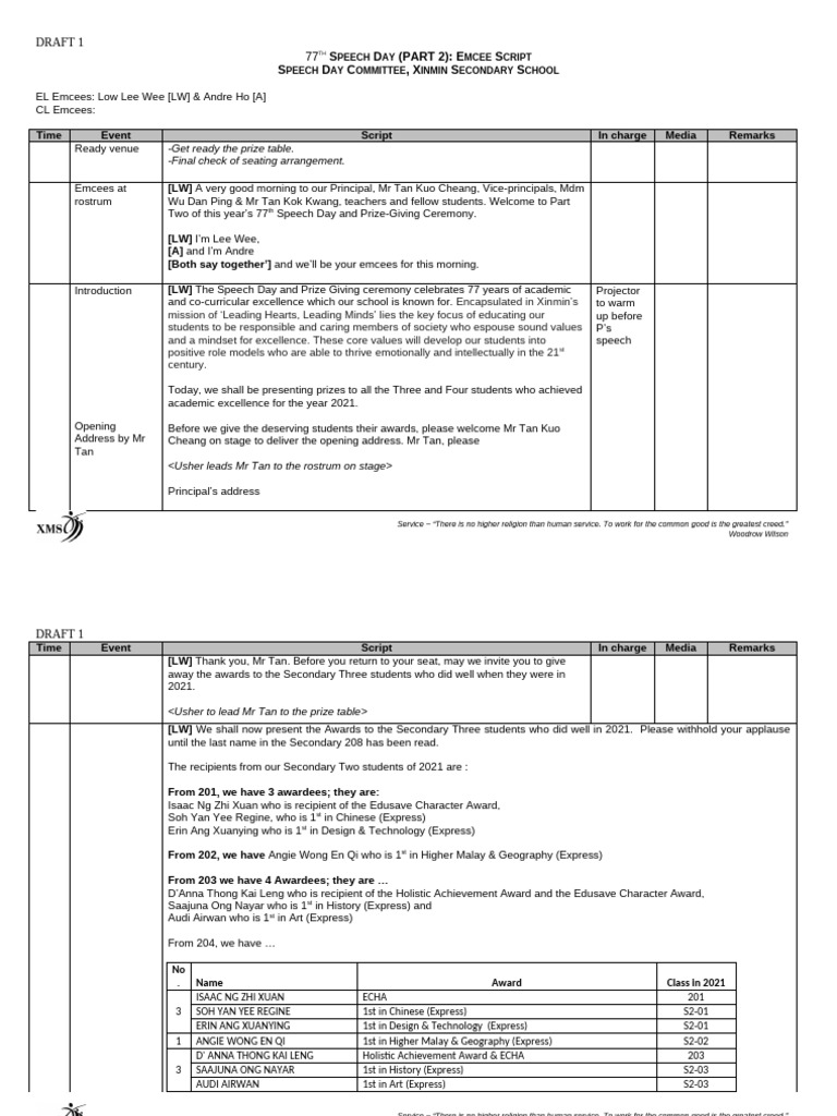 Emcee Script_ Speech Day 2022_Upp Sec | PDF