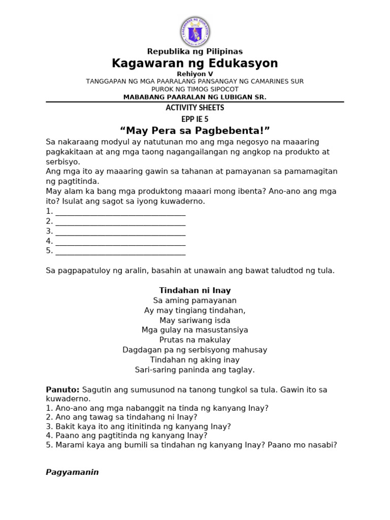 EPP IE 5 Activity Sheets: Selling Skills | PDF