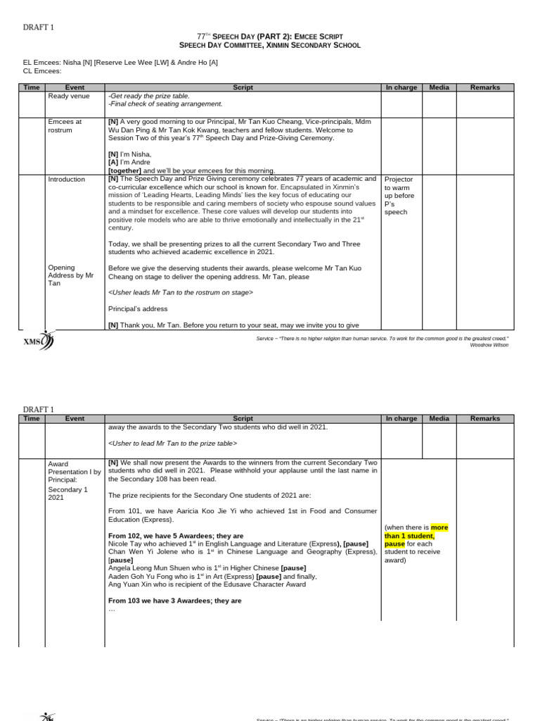 Emcee Script_ Speech Day 2022_Lower Sec | PDF