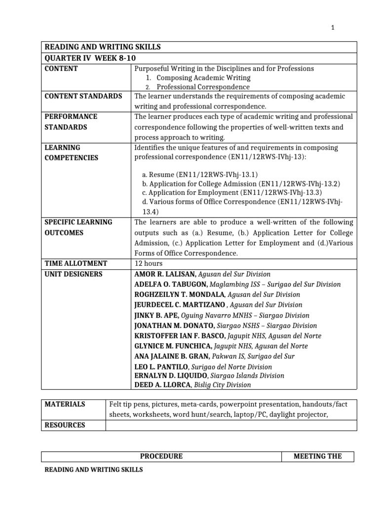 TG Reading and Writing Skills (EN11or12RWS-IVhj-13) | PDF