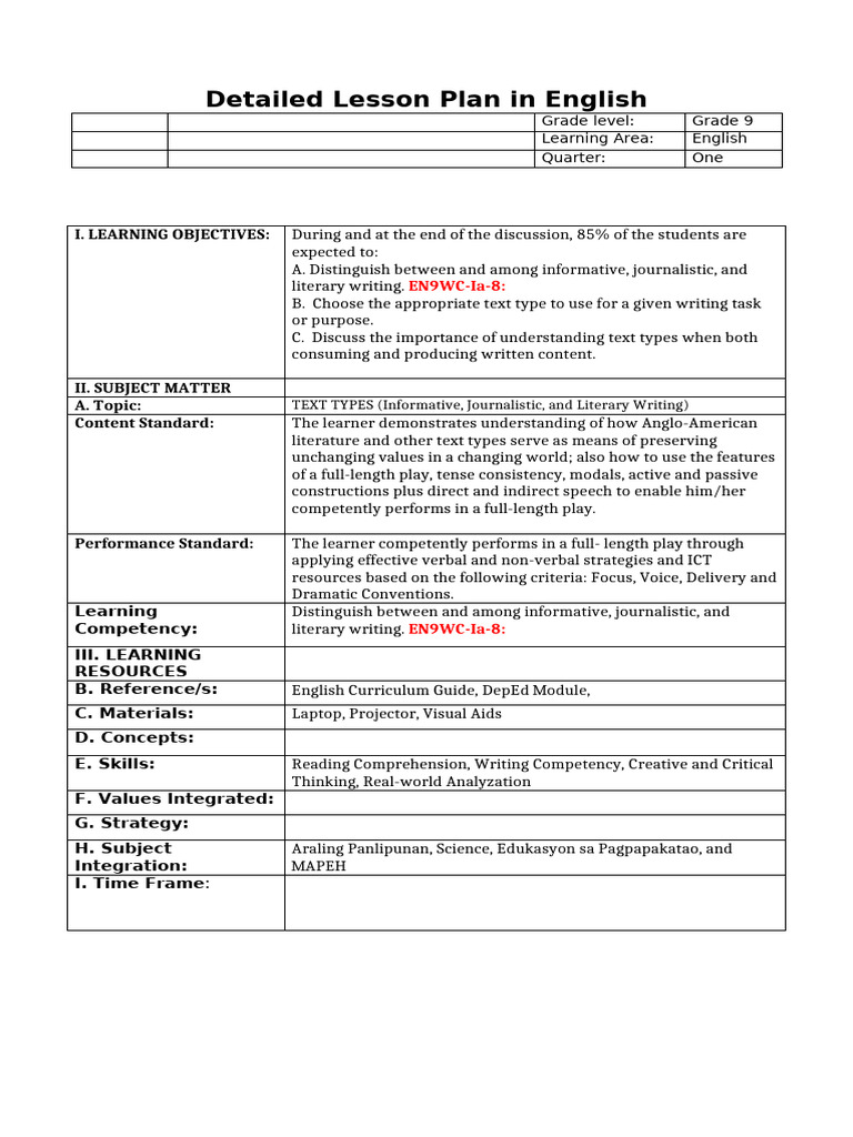 Detailed Lesson Plan in English | PDF