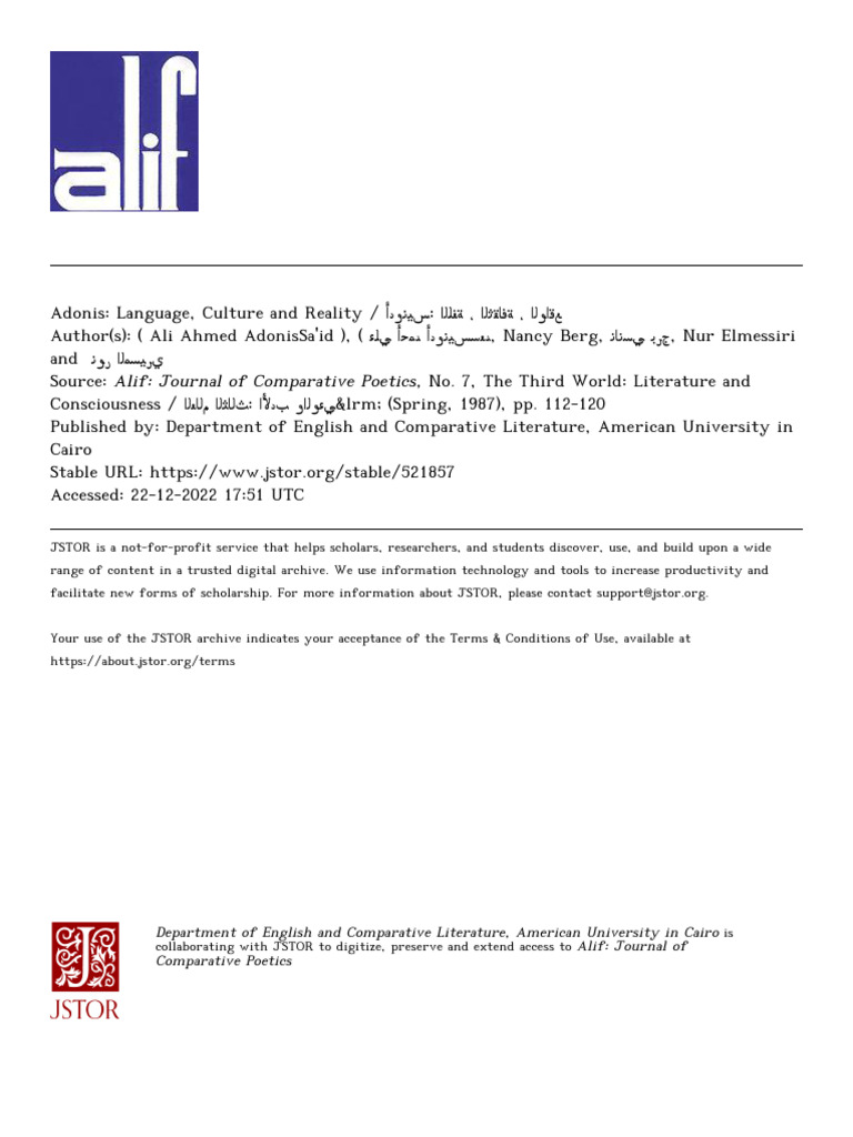 Adonis Language, Culture and Reality | PDF