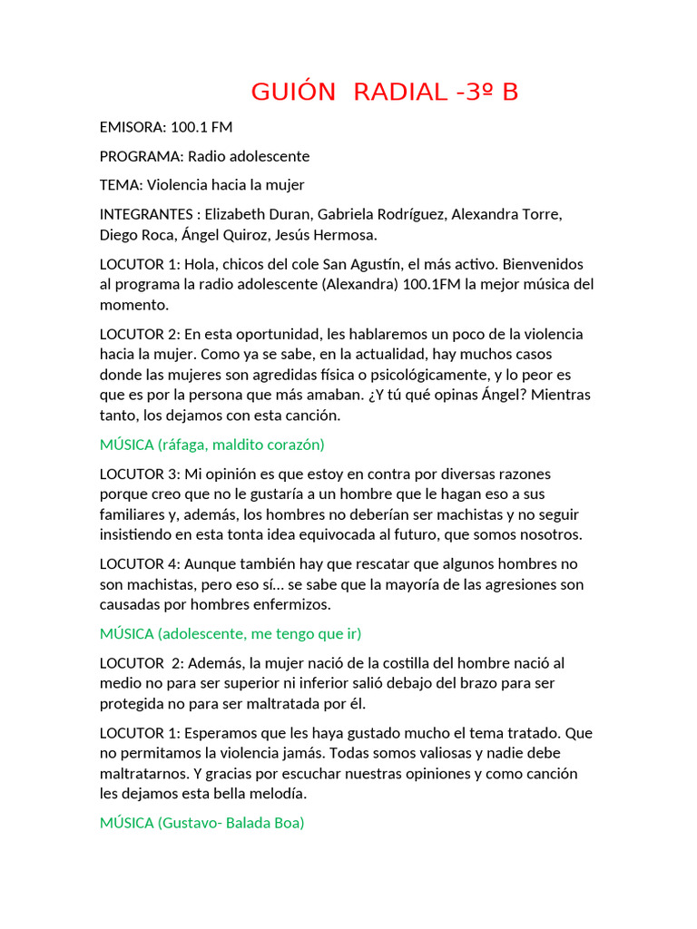 Guión Radial - 3º B: MÚSICA (Ráfaga, Maldito Corazón) | PDF