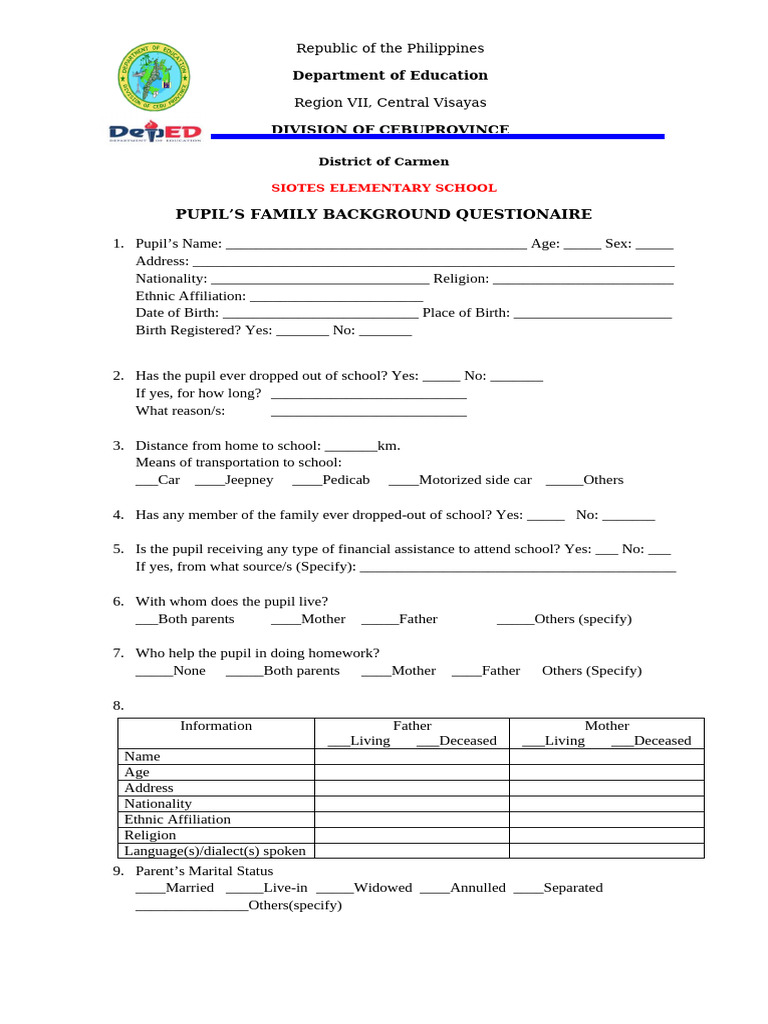 Family Background Questionnaire for Students | PDF | Social Science ...