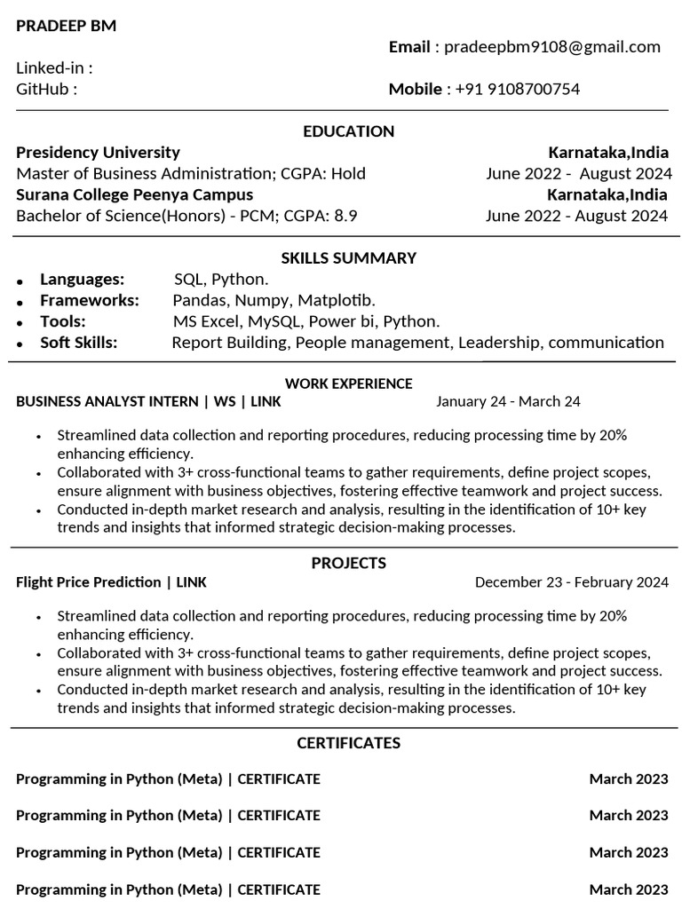 PRADEEP BM Resume | PDF