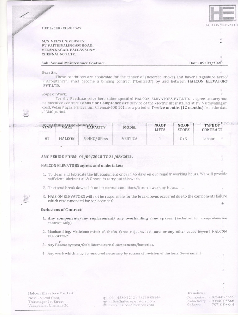 Annual Maintenance Contract for Elevators | PDF | Private Law ...