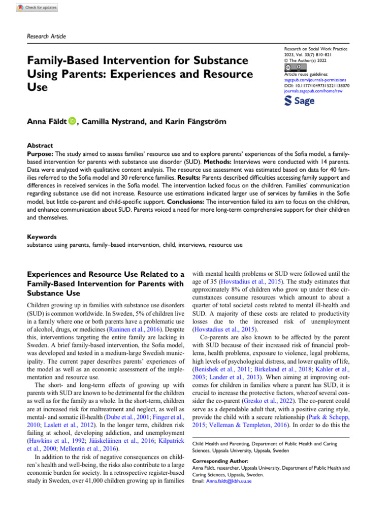 Faldt Et Al 2022 Family Based Intervention For Substance Using Parents Experiences and Resource ...