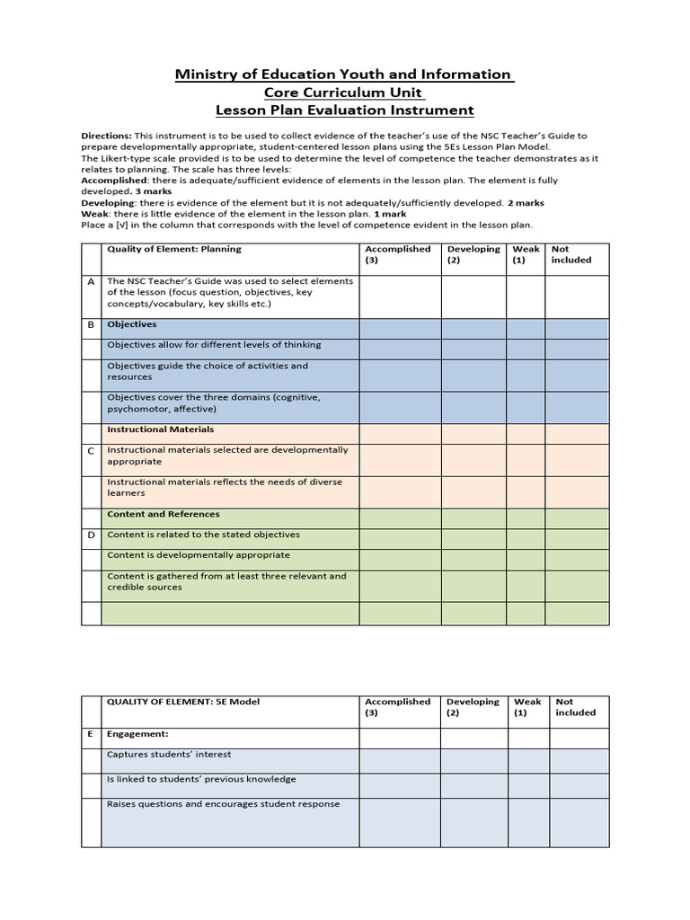 5 e Lesson Evaluation Form | PDF