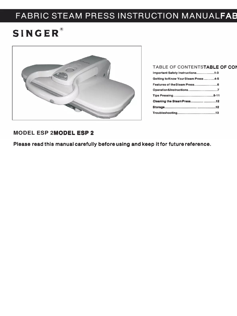 Manual de Usuario Singer Steam Press ESP2 (15 Páginas) | PDF