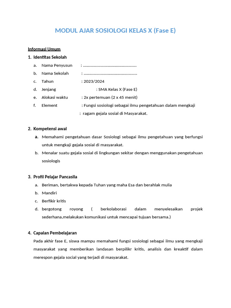 A MODUL AJAR SOSIOLOGI Fase E | PDF