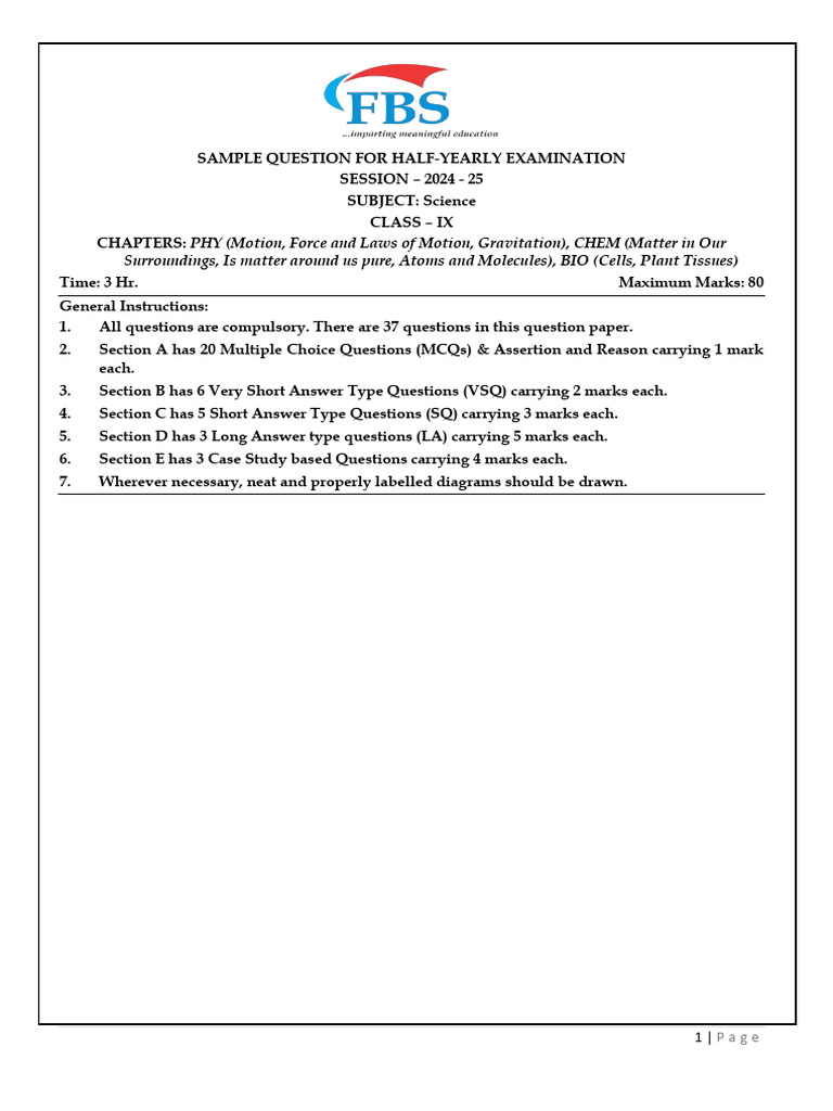 Class IX (Science) Half Yearly Sample Paper. | PDF