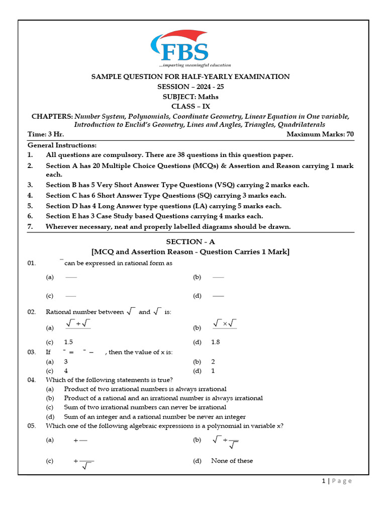 Class IX (Maths) Half Yearly Sample Paper. | PDF