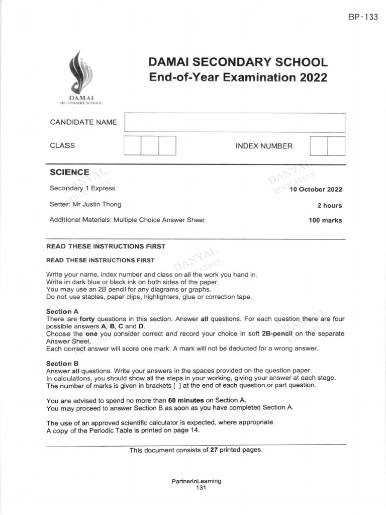 Damai Secondary EOY 2022 Sec 1 Science Group 3 | PDF