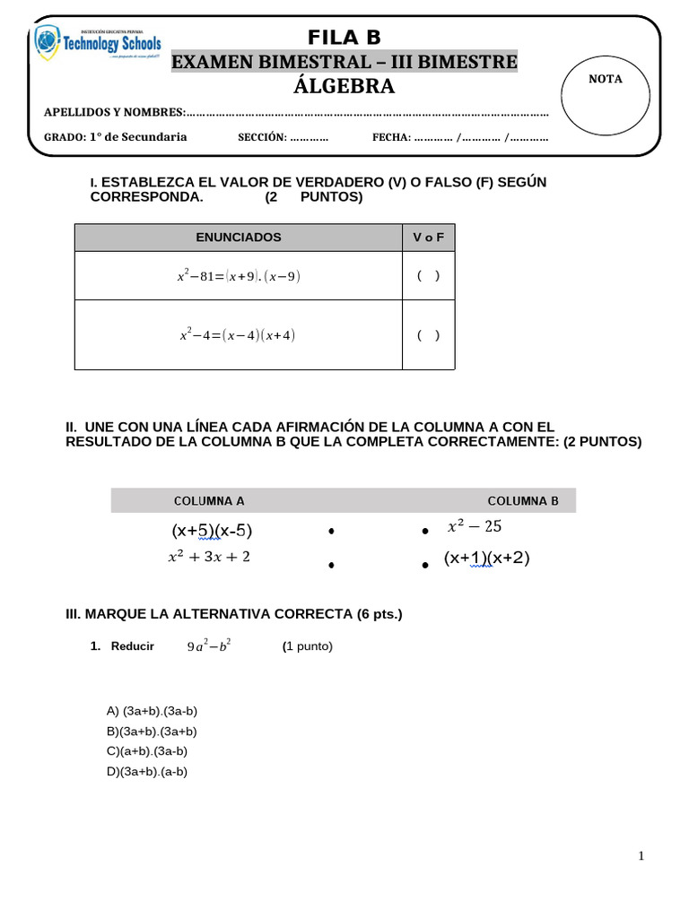 EX BIM (IIIB-18) ALG I Sec FILA B | PDF