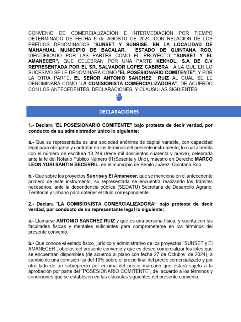 Convenio de Comercialización e Intermediación Por Tiempo Determinado-Toño Sanchez | PDF | Ley ...