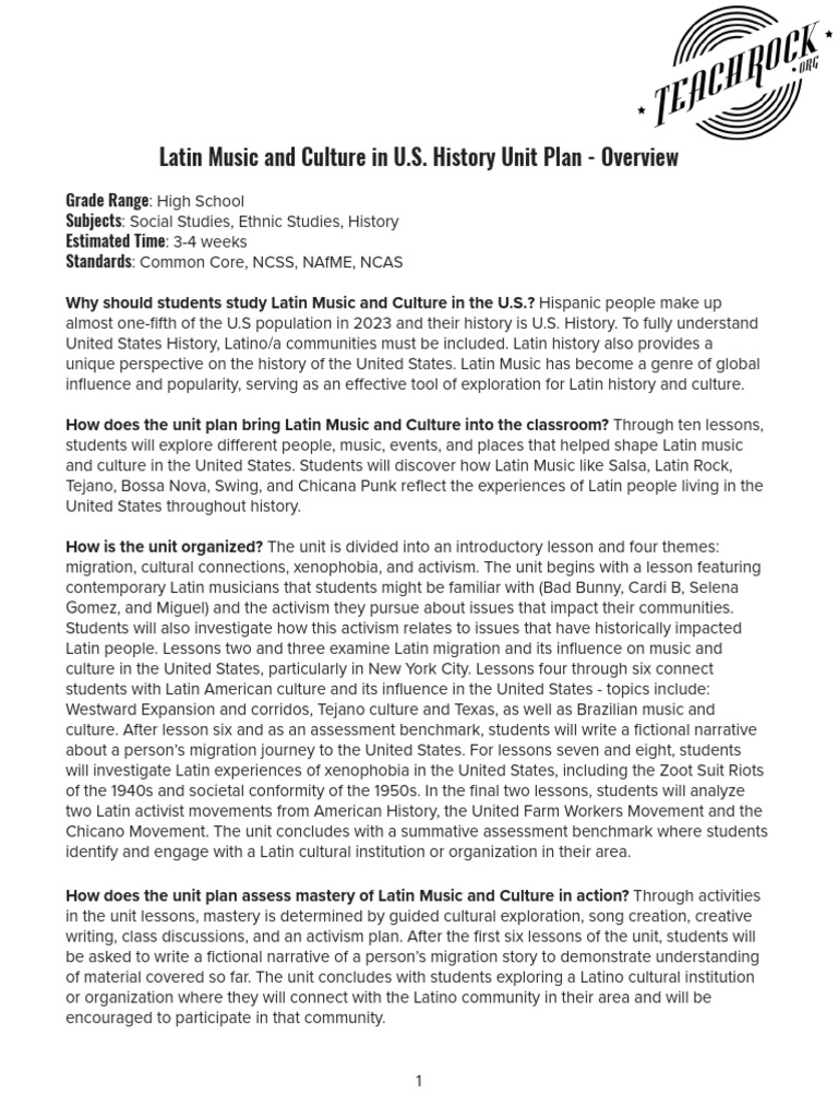 Latin Music and Culture in U.S. History Unit Plan Overview v2 | PDF