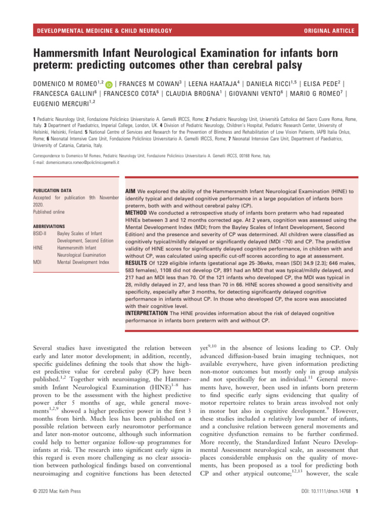 Hammersmith Infant Neurological Examination For Infants Born | PDF