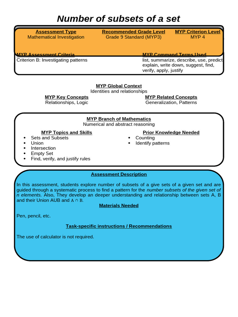 MYP4 Sets Investigation Task | PDF