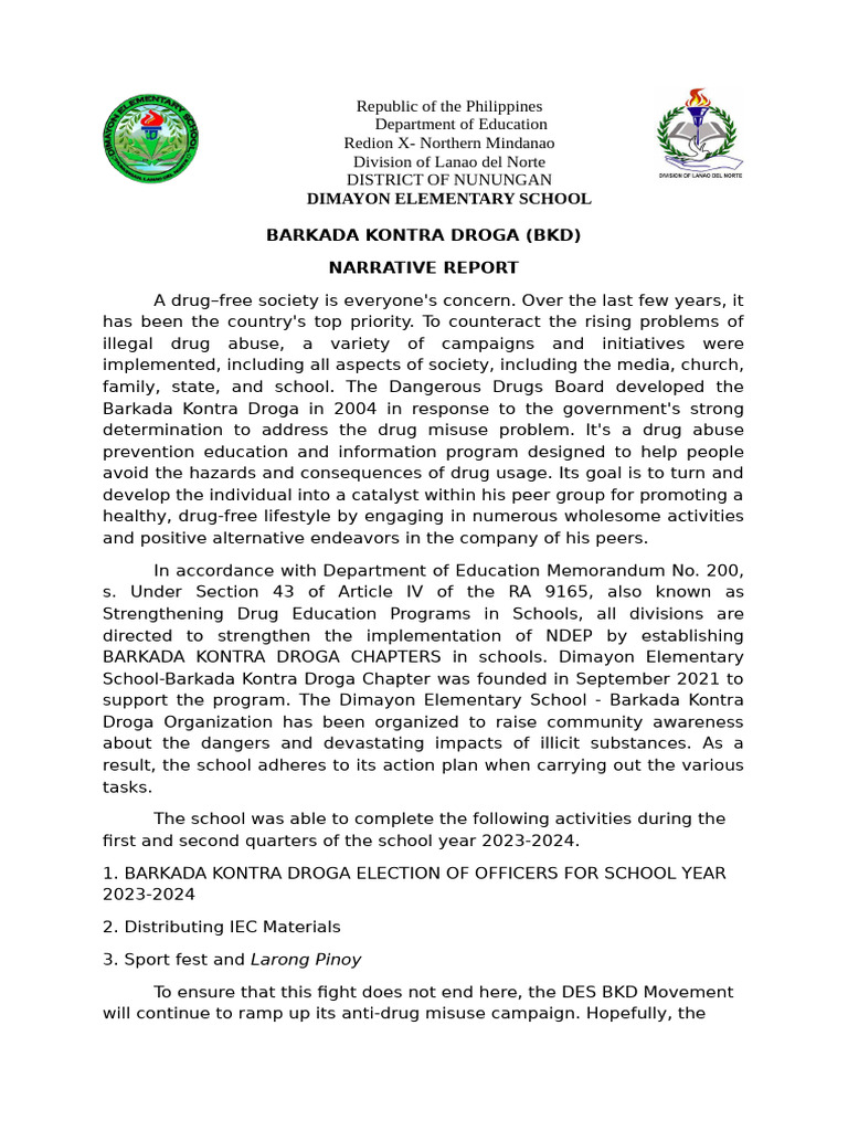 Barkada Kontra Droga (BKD) Narrative Report: Dimayon Elementary School | PDF