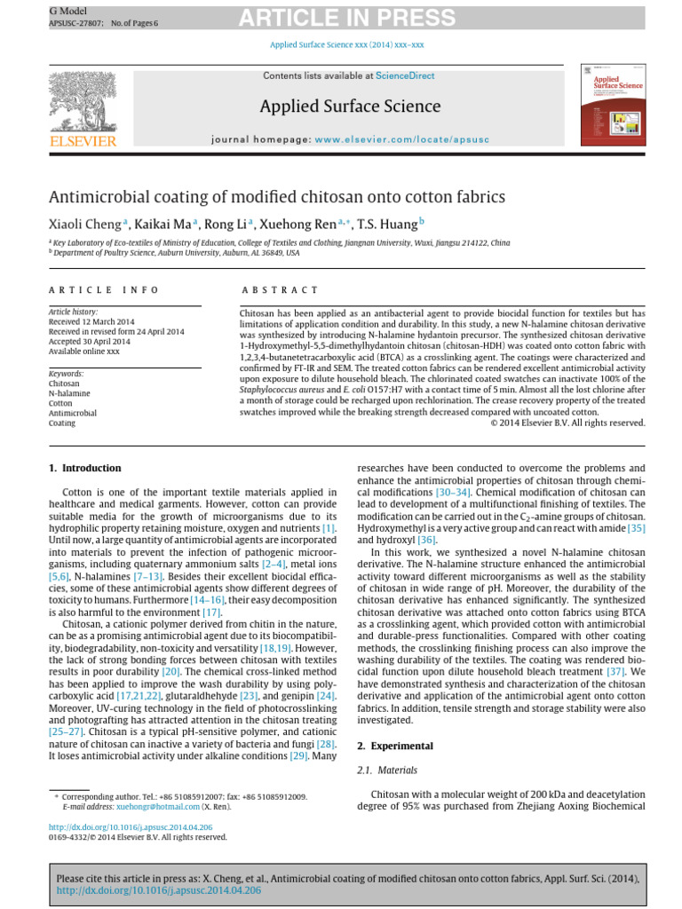 [2014] Antimicrobial Coating of Modified Chitosan Onto Cotton Fabrics | PDF