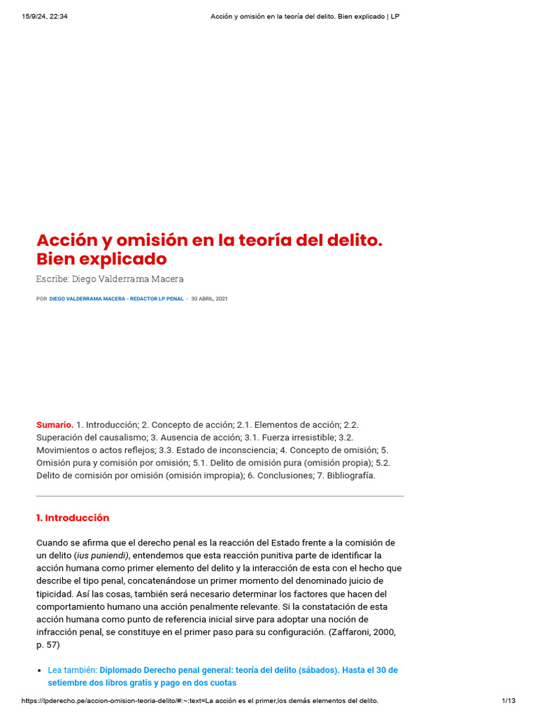 Acción y omisión en la teoría del delito. Bien explicado _ LP | PDF