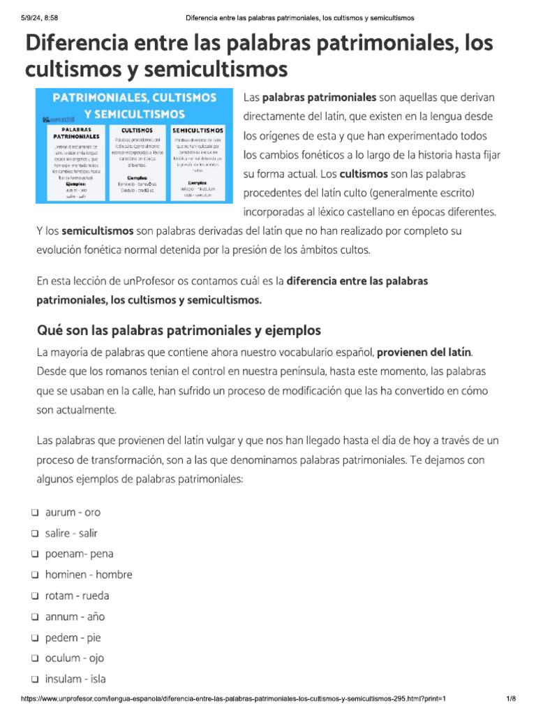 Palabras Patrimoniales, Cultismos y Semicultismos | PDF