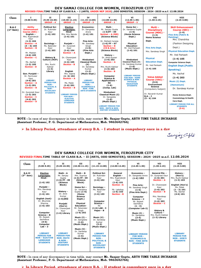 Revised Final Arts Time Table 2024 - 25 (Odd Sem) 12.08.2024 | PDF