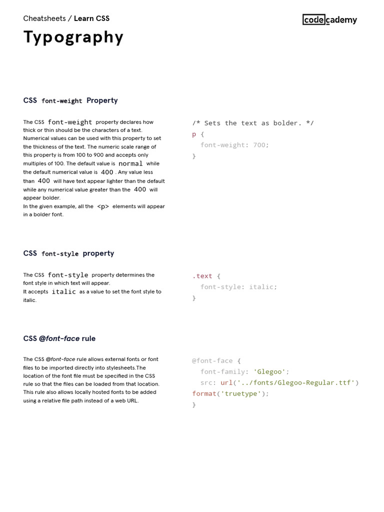 Learn CSS Typography Cheatsheet Codecademy | PDF