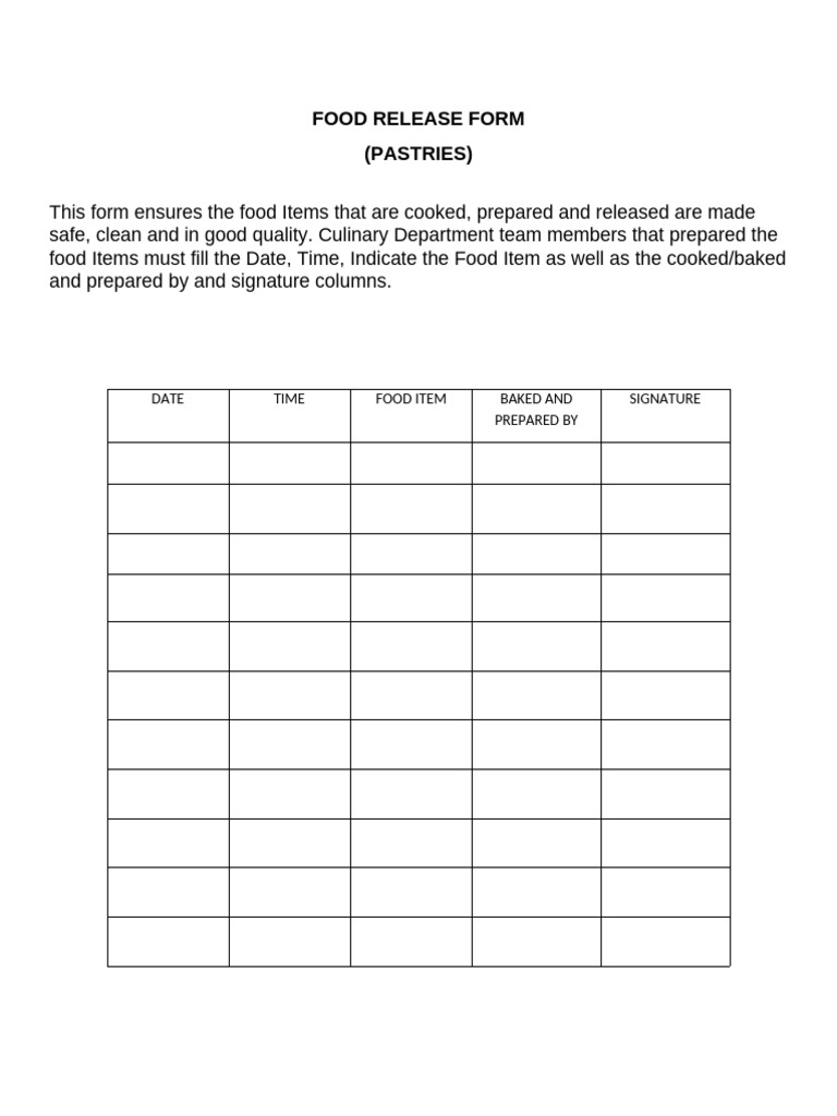 Food Release Form (BRITTANY) | PDF