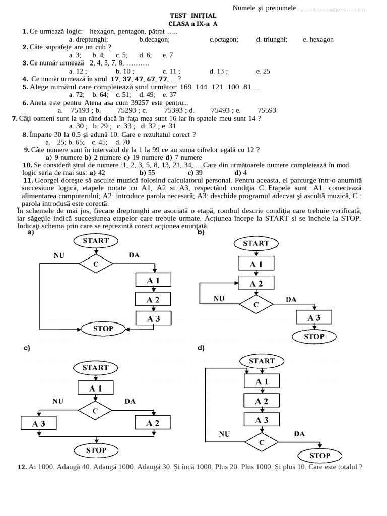 Test Initial Clasa A 9 A | PDF