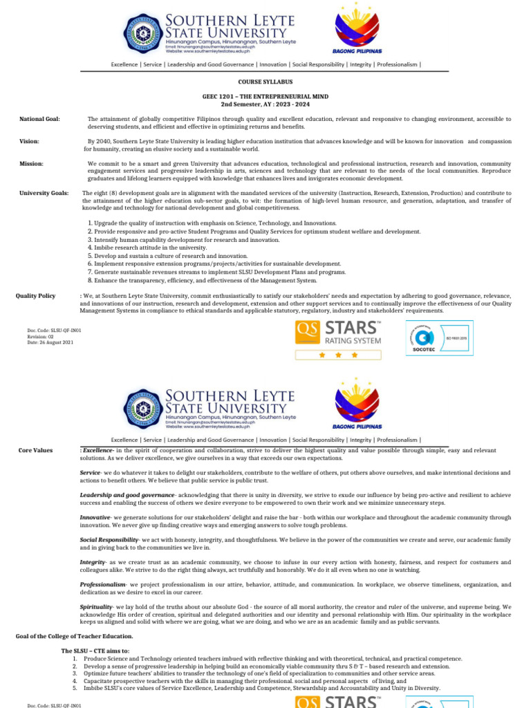 COURSE SYLLABUS Entrep Mind For Students 2023 24 | PDF