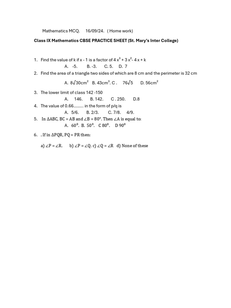 Class IX Mathematics MCQ-1 | PDF