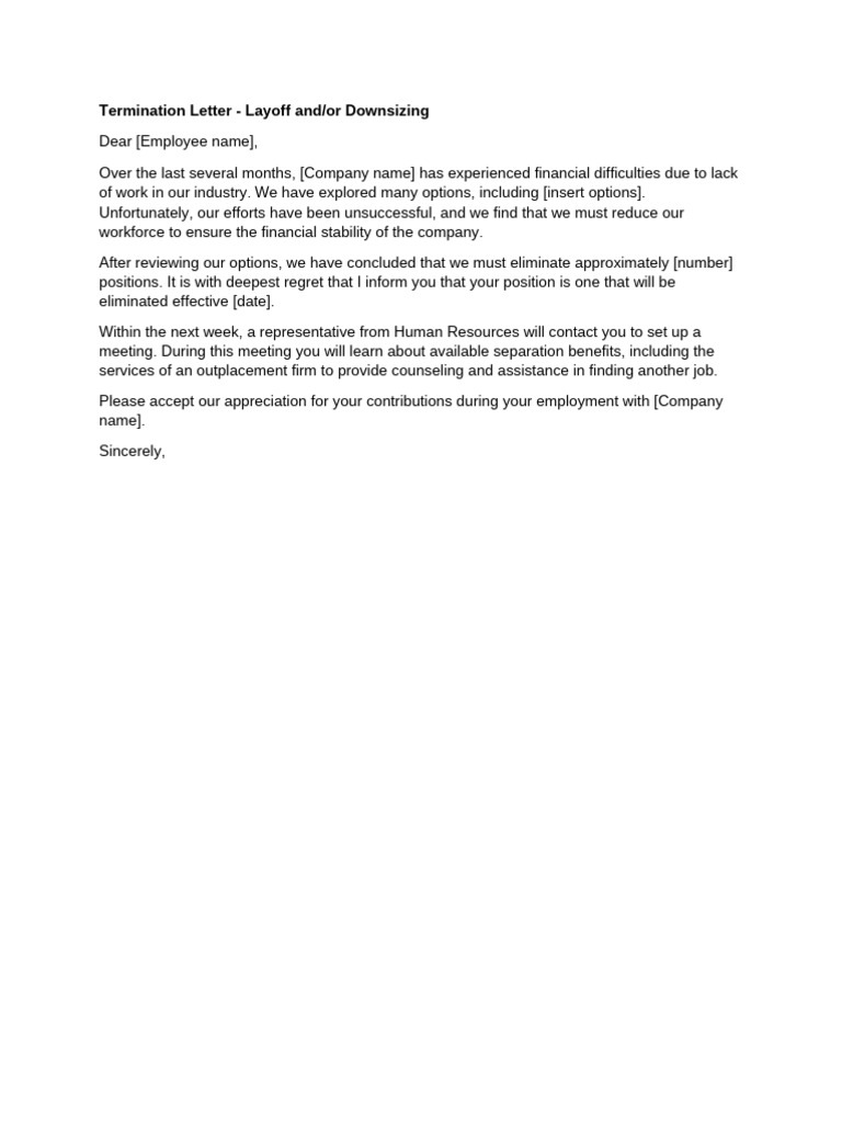Termination Letter Layoff and or Downsizing | PDF