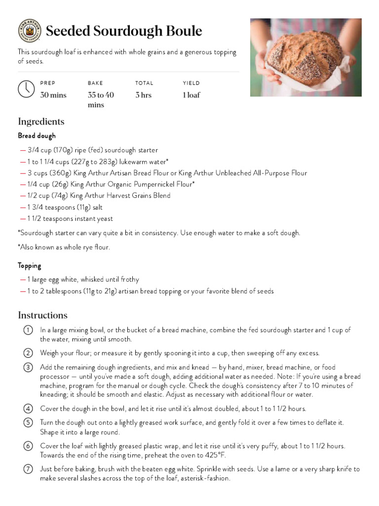 Seeded Sourdough Boule Recipe - King Arthur Baking | PDF